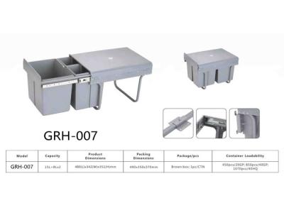 China ABS Grey Kitchen Trash Container GRH-007 - 15L+8L Dual Compartment, 480x342x351mm Dimensions, 5-Year Warranty for sale