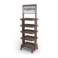 China Wooden 5 Layers Cocktail Display Stand with Wheels for Stores for sale
