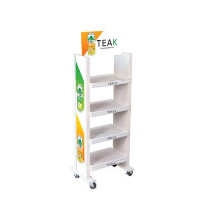 China Double Sided Wooden Beverage Holder Red Bull Display Stand With Wheels for sale