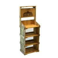 China Double Sided Wooden Beverage Holder Red Bull Display Stand With Wheels for sale