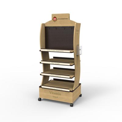 China Light Duty Wooden Display Stand Serum Set Display Rack Wood With Casters for sale