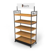 China Stores Point Of Sales Displays Wooden Tray Salad Display Stand With Wheels for sale