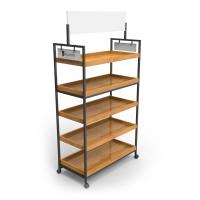 China Stores Point Of Sales Displays Wooden Tray Salad Display Stand With Wheels for sale