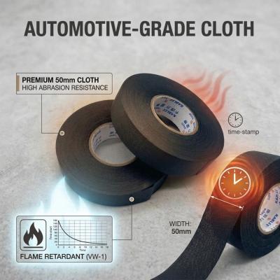 China Wide Temperature Range Cloth Wire Harness Tape 50mm x 25m Automotive Wiring Loom Wrap for sale