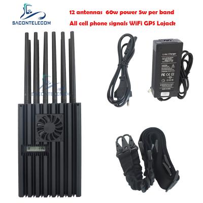 China 60W High Power Portable Jammer with 40m Radius and 12 Channels for 2G 3G 4G 5G WiFi GPS Lojack for sale