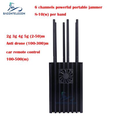 China 6 Channels 8-10W per Band Portable Jammer with 50m Jamming Radius for Cell Phone Signal Blocking for sale