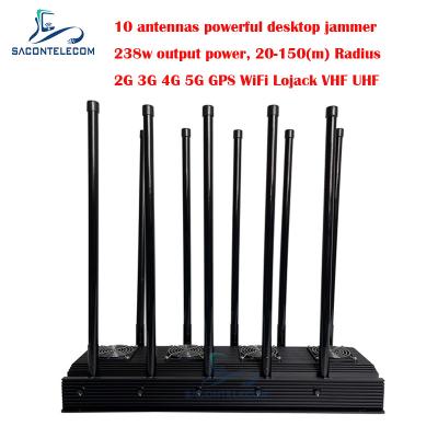 China 10 Channels 238W High Power 5G WiFi GPS Lojack VHF UHF Desktop Signal Jammer for Mobile Phone Blocking for sale