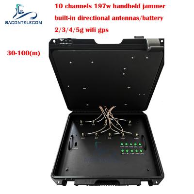 China 10 Bands 197W High Power Suitcase Mobile Phone Signal Jammer with 100m Range for sale