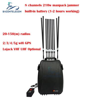 China 230W High Power 8 Channels Backpack Signal Jammer with 150m Jamming Radius for Mobile Phone and GPS Blocking for sale