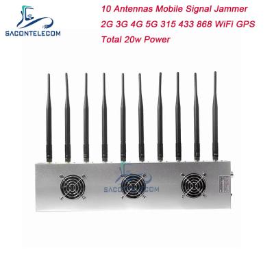 China 10 Channels 24 Hours Working 3 Cooling Fans Wireless Signal Jammer Blocker for 5G GPS WiFi VHF UHF for sale