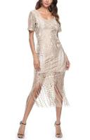 China Small Quantity Garment Manufacturer Laides Lace Dress V -  Neck Short Sleeve With Fringed Hem for sale