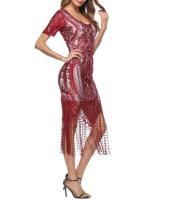 China Small Quantity Garment Manufacturer Laides Lace Dress V -  Neck Short Sleeve With Fringed Hem for sale
