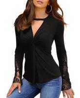 China Small Batch Clothing Manufacturers Women'S Casual V - Neck Lace Twisted Long Sleeve Tops for sale