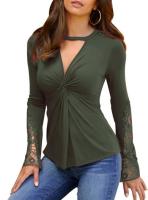 China Small Batch Clothing Manufacturers Women'S Casual V - Neck Lace Twisted Long Sleeve Tops for sale