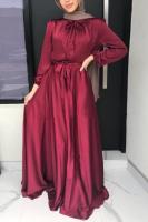 China Small Quantity Clothing Factory Dubai Women'S Long Sleeve Satin Maxi Dress With Belt for sale