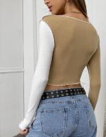 China Small Quantity Clothing Manufacturer Women'S Colorblock Round Neck Long Sleeves 100% Cotton Tops for sale
