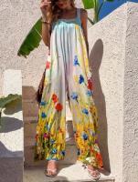 China Low Moq Clothing Manufacturer Women'S Casual Loose Jumpsuits Printed Strap Wide Leg Pants With Pockets for sale
