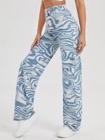 China Small Quantity Clothing Factory Women'S High Waisted Wide Leg Print Casual Baggy Jeans Denim Pants for sale
