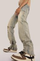China Small Quantity Clothing Manufacturer Vintage Washed Street Unisex Jeans Raw Hem Bottom With Zipper for sale