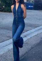 China Small Quantity Clothing Manufacturer Women'S Jeans Zipper Sleeveless V Neck High Waist Denim Jumpsuit for sale