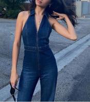 China Small Quantity Clothing Manufacturer Women'S Jeans Zipper Sleeveless V Neck High Waist Denim Jumpsuit for sale