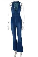 China Small Quantity Clothing Manufacturer Women'S Jeans Zipper Sleeveless V Neck High Waist Denim Jumpsuit for sale
