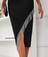 China Small Quantity Clothing Factory Women'S Party Bandage Rhinestone Fringe Bodycon Slit Long Dress for sale