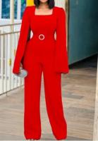 China Custom Clothing Factory China Women'S Solid Wide Leg Beaded Cape Long Sleeve Jumpsuit for sale