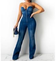 China Small Quantity Garment Manufacturer Women'S One Piece Backless Color Block Denim Jumpsuit With Front Zipper for sale