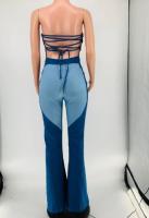 China Small Quantity Garment Manufacturer Women'S One Piece Backless Color Block Denim Jumpsuit With Front Zipper for sale
