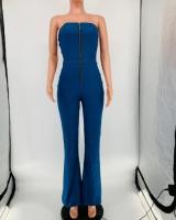 China Small Quantity Garment Manufacturer Women'S One Piece Backless Color Block Denim Jumpsuit With Front Zipper for sale