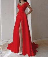 China Custom Clothing Factory China Women'S Ruffled Hem Solid Color Maxi Evening Gown Dress With Slit for sale
