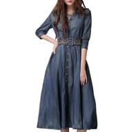 China Small Quantity Garment Manufacturer Women'S Denim Dress Half Sleeve Pocket With Embroidered Belt for sale