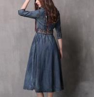 China Small Quantity Garment Manufacturer Women'S Denim Dress Half Sleeve Pocket With Embroidered Belt for sale