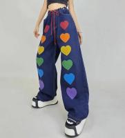 China Small Quantity Clothing Factory Women'S Love Print Straight Leg Jeans With Tie-Up Trousers for sale