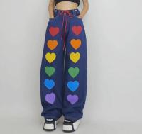 China Small Quantity Clothing Factory Women'S Love Print Straight Leg Jeans With Tie-Up Trousers for sale