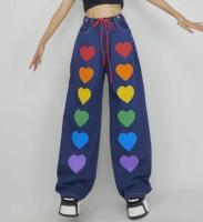 China Small Quantity Clothing Factory Women'S Love Print Straight Leg Jeans With Tie-Up Trousers for sale