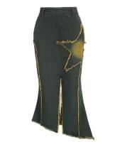 China Small Moq Clothing Manufacturers Women'S Fishtail Hem Denim Skirt With Star Patch Slit for sale