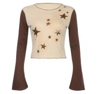 China Custom Clothing Factory China Ladies Star Print Color-Block Long-Sleeved Pullover Top for sale