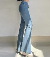 China Custom Clothing Factory China V-Neck Turned-Up Flared Jeans Zipper Slit Bell-Bottoms Tight Pants for sale