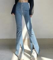 China Custom Clothing Factory China V-Neck Turned-Up Flared Jeans Zipper Slit Bell-Bottoms Tight Pants for sale