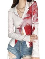 China Custom Clothing Factory China Women'S Printed Cardigan Long Sleeved Casual Top Irregular Lapel Shirt for sale
