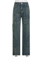 China Small Order Clothing Manufacturers Vintage Multi Pocket Tooling Jeans Loose Drape Low Waist Straight Trousers for sale