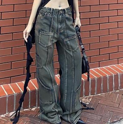 China Small Order Clothing Manufacturers Vintage Multi Pocket Tooling Jeans Loose Drape Low Waist Straight Trousers for sale