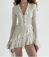 China Custom Clothing Factory China Chiffon Ruffled Breasted V Neck Flared Long Sleeve Dress for sale