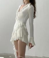 China Custom Clothing Factory China Chiffon Ruffled Breasted V Neck Flared Long Sleeve Dress for sale
