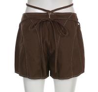 China Oem Apparel Manufacturers Women'S Brown Lace Up Denim Culottes Slim Wide Leg Shorts for sale