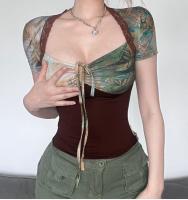 China Custom Clothing Factory Women'S Short Sleeves Slim Crop Top Sexy Pleated Bustier Square Neck Strappy Vest for sale