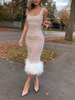 China Custom Apparel Vendor Ladies Sleeveless 95% Poly 5% Spandex With Feather Sequins Sexy Dress for sale