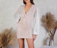 China Small Quantity Apparel Factory Ladies Long Balloon Sleeves 100% Poly Sequins Beading V Neck Dress for sale